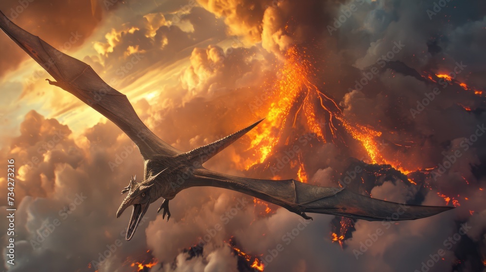 Flying dinosaur, Pterodactyl, flying over an erupting volcano with fire ...