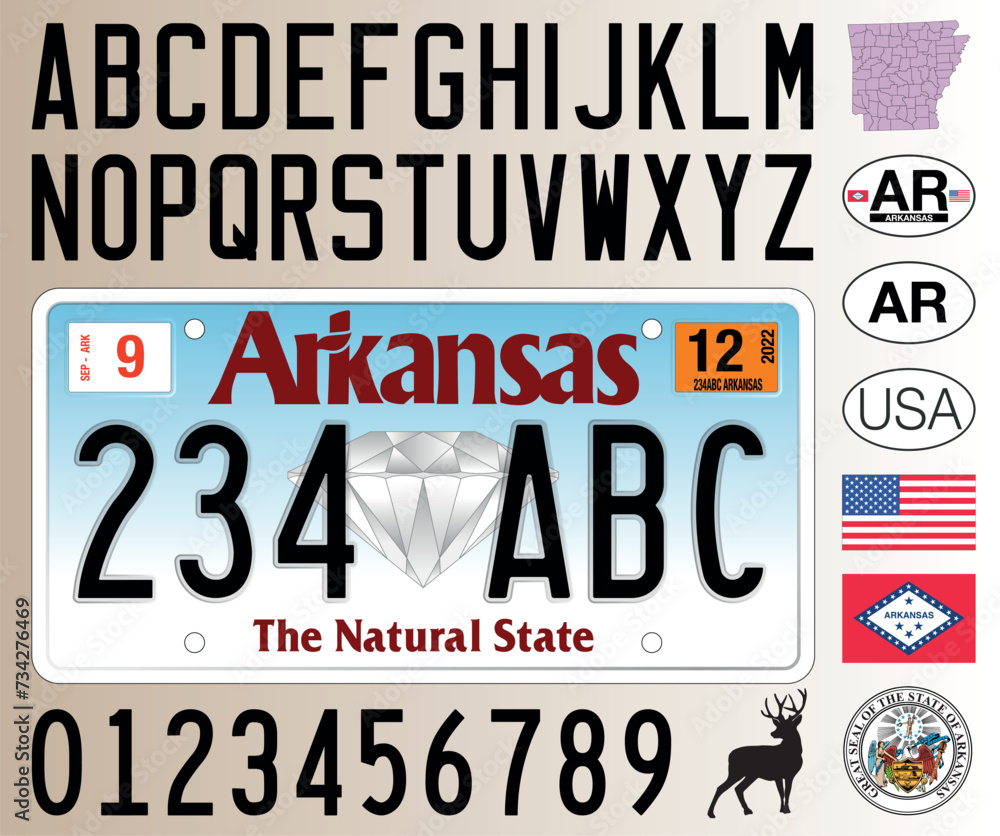 Arkansas car license plate pattern, letters, numbers and symbols ...