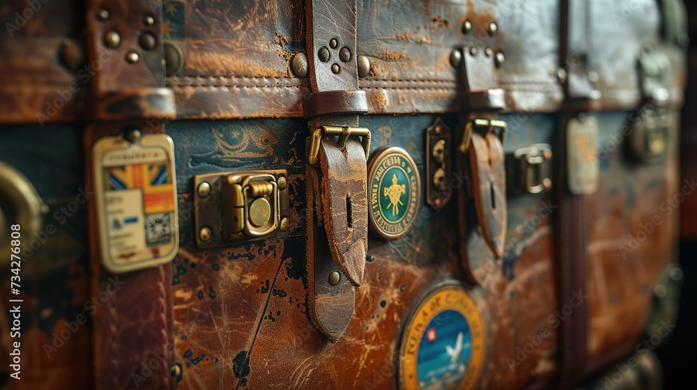 Travel History in Detail: Worn Leather Suitcase with Brass Clasps and ...