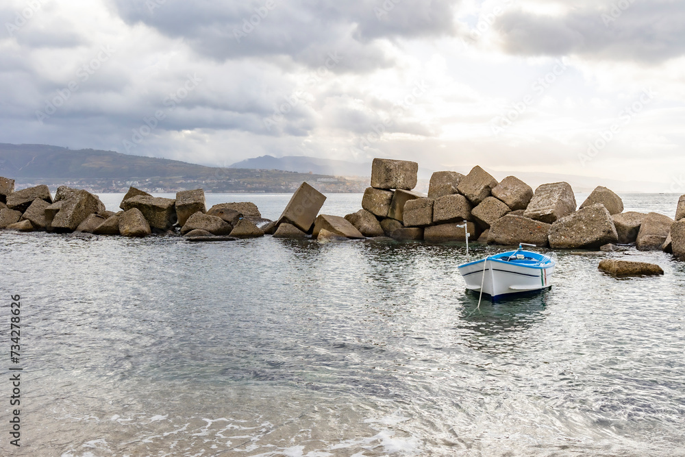 Stretch of beach on the Strait of Messina between the towns of Ganzirri ...