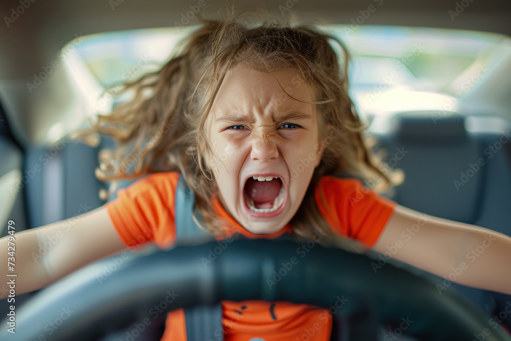 child throwing a tantrum in the car. She is crying and kicking the back ...