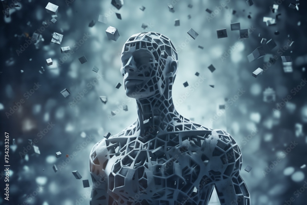 a human body made of disintegrating squares and cubes, standing in ...