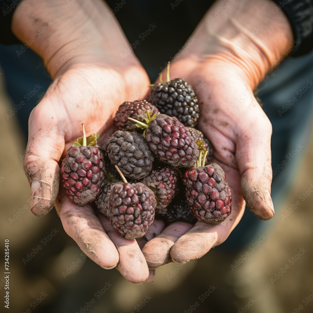 woman holds a rotten, spoiled crop, overripe tayberry with dirty peel ...