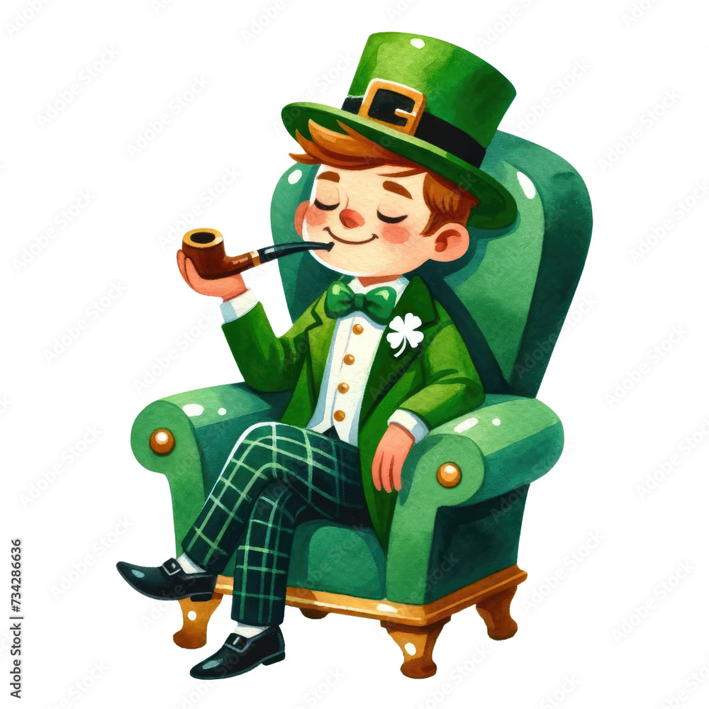 Watercolor man in a leprechaun costume sitting on a throne and smoking ...