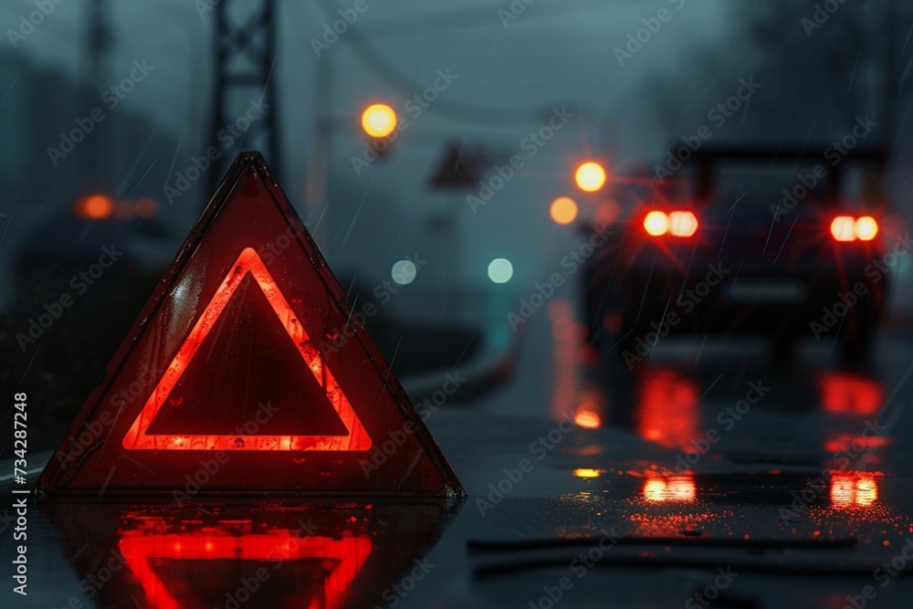 Red triangle, red emergency stop sign and black car with technical ...