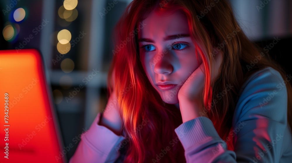 Foto Stock A distressed teenage girl sits in front of her computer ...