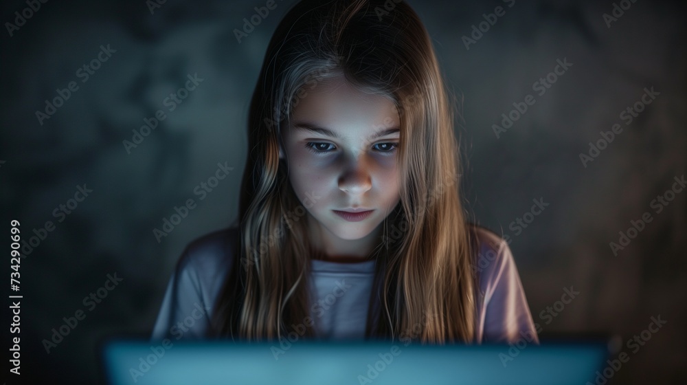 A distressed teenage girl sits in front of her computer, visibly upset ...