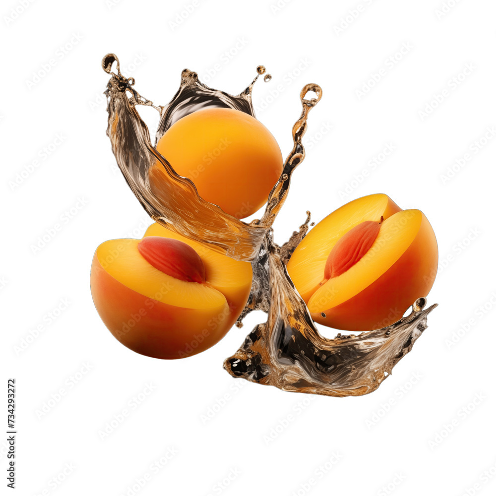 realistic fresh ripe apricot with slices falling inside swirl fluid ...