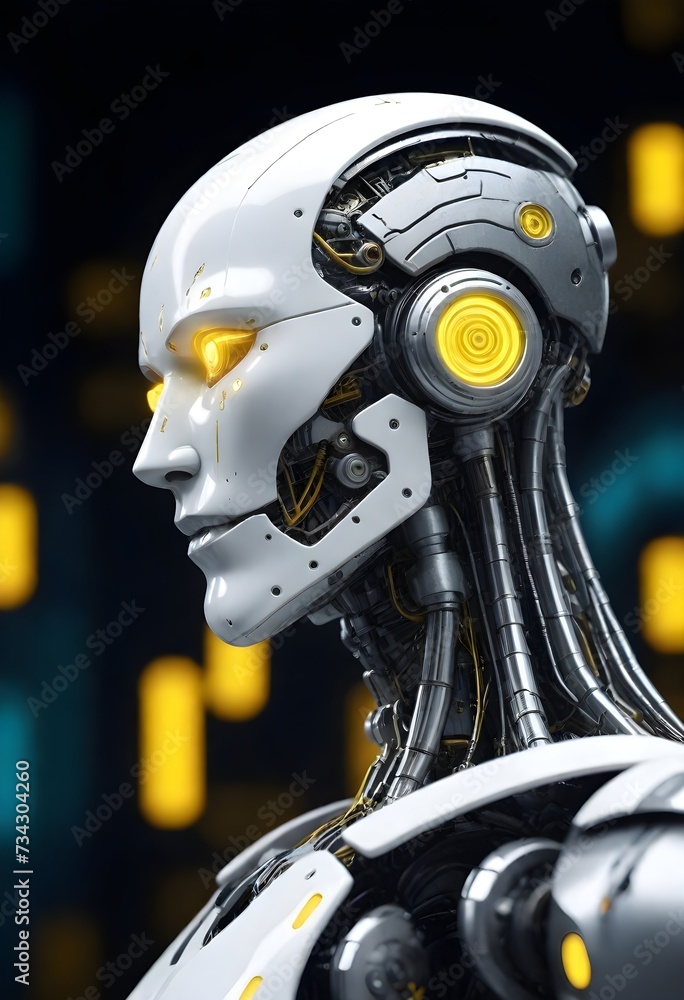 A close-up image of a humanoid robot with a highly detailed mechanical ...