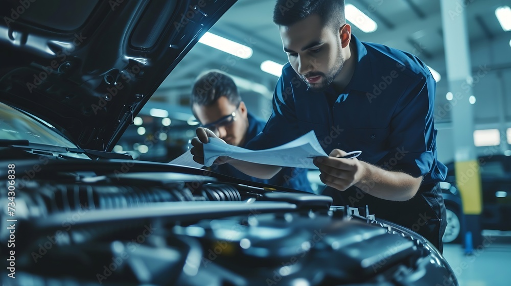 Generative AI : Two professional look technician inspecting car engine ...