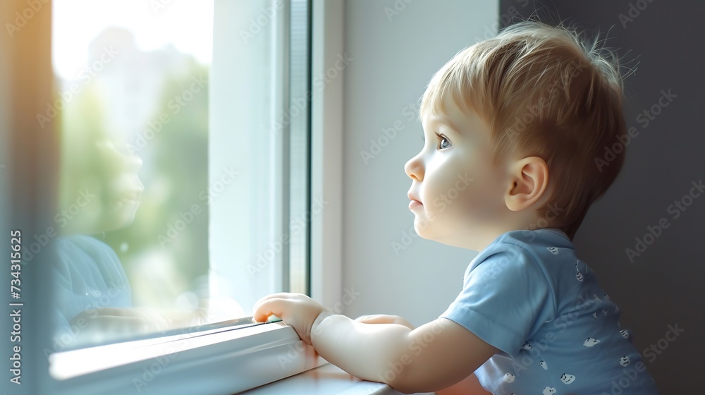 Generative AI : Little two years old kid watching out the window. Child ...