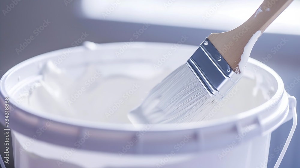 Generative AI : A bucket of white paint and a brush. Painting works in ...