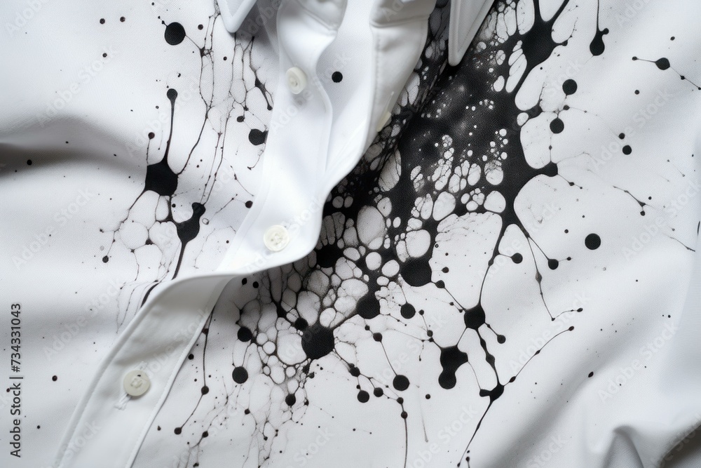 Stubborn Pen and stain of black ink on white shirt. Dirty leak accident ...