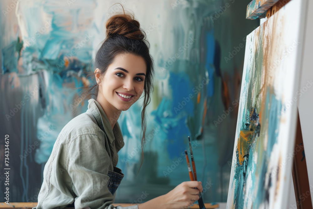 Painter adding color to a canvas, young and beautiful artist smiling ...