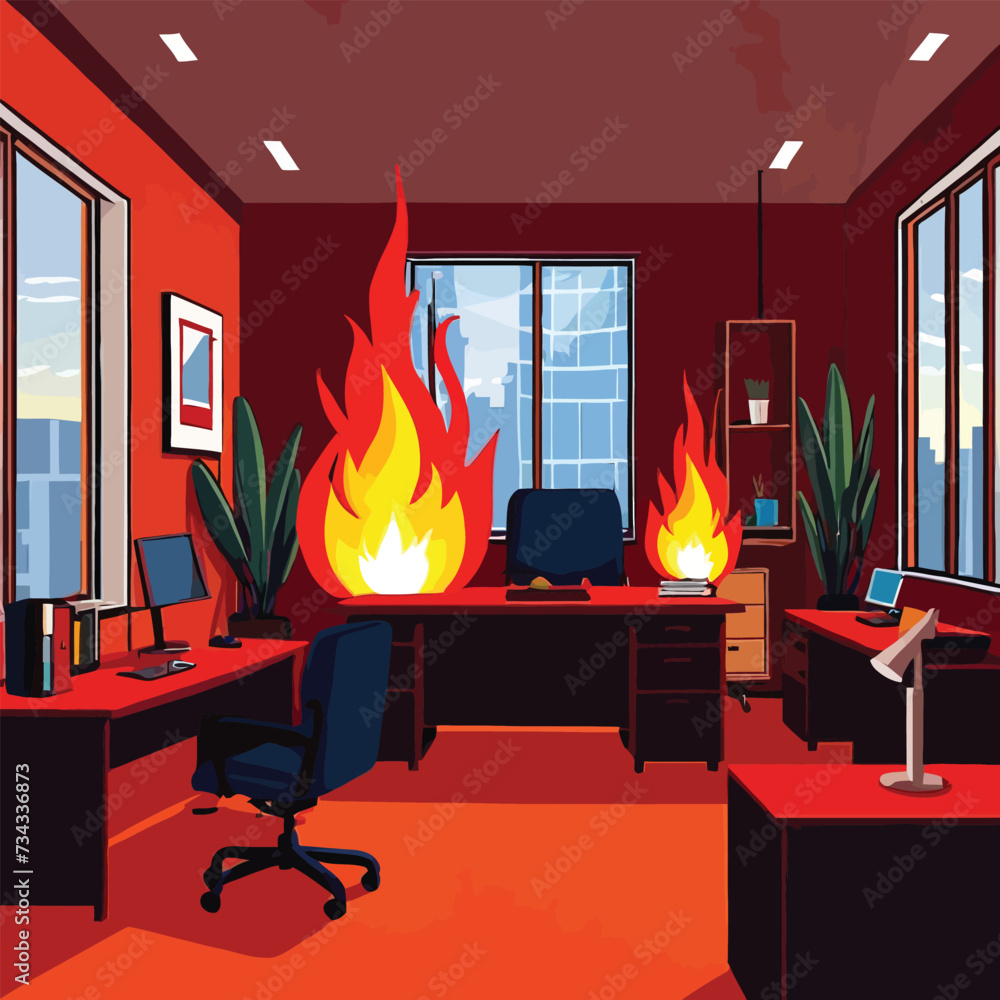 Interior of a business office room on fire, vector clipart illustration ...