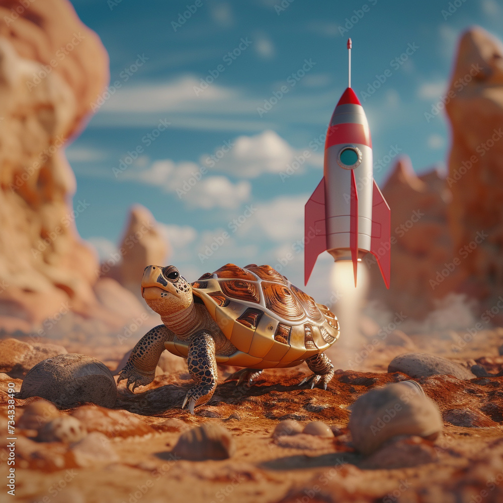 Create a unique concept in 3D of a turtle exploring an alien planet ...