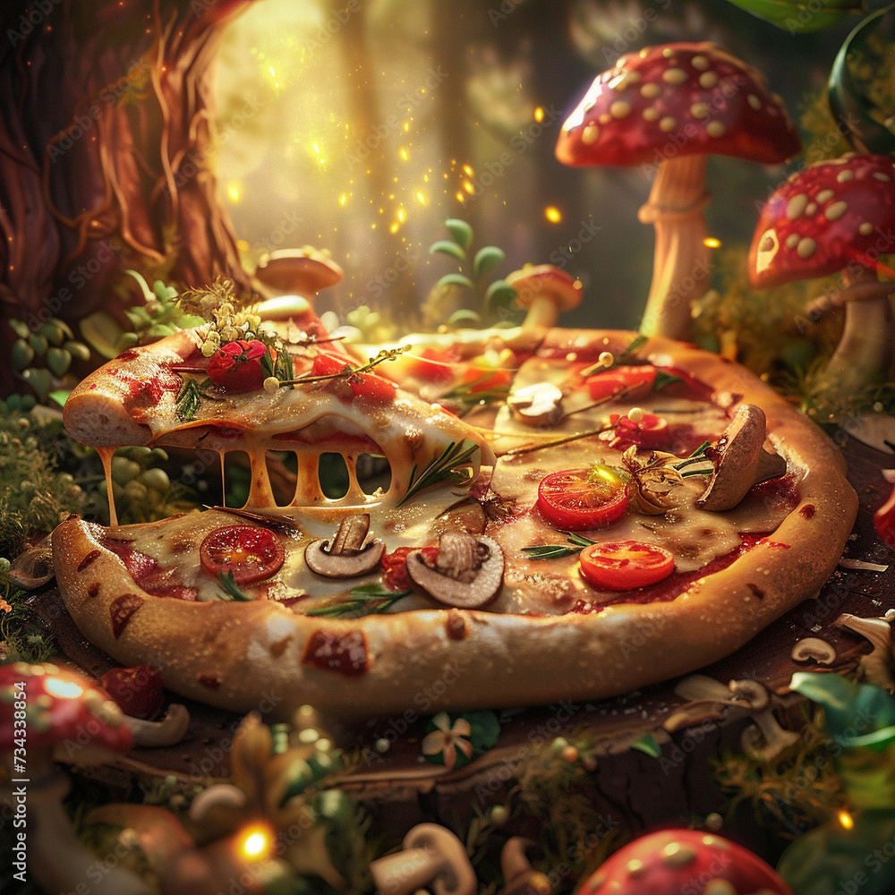 Show an enchanted pizza with toppings that come alive and interact with ...