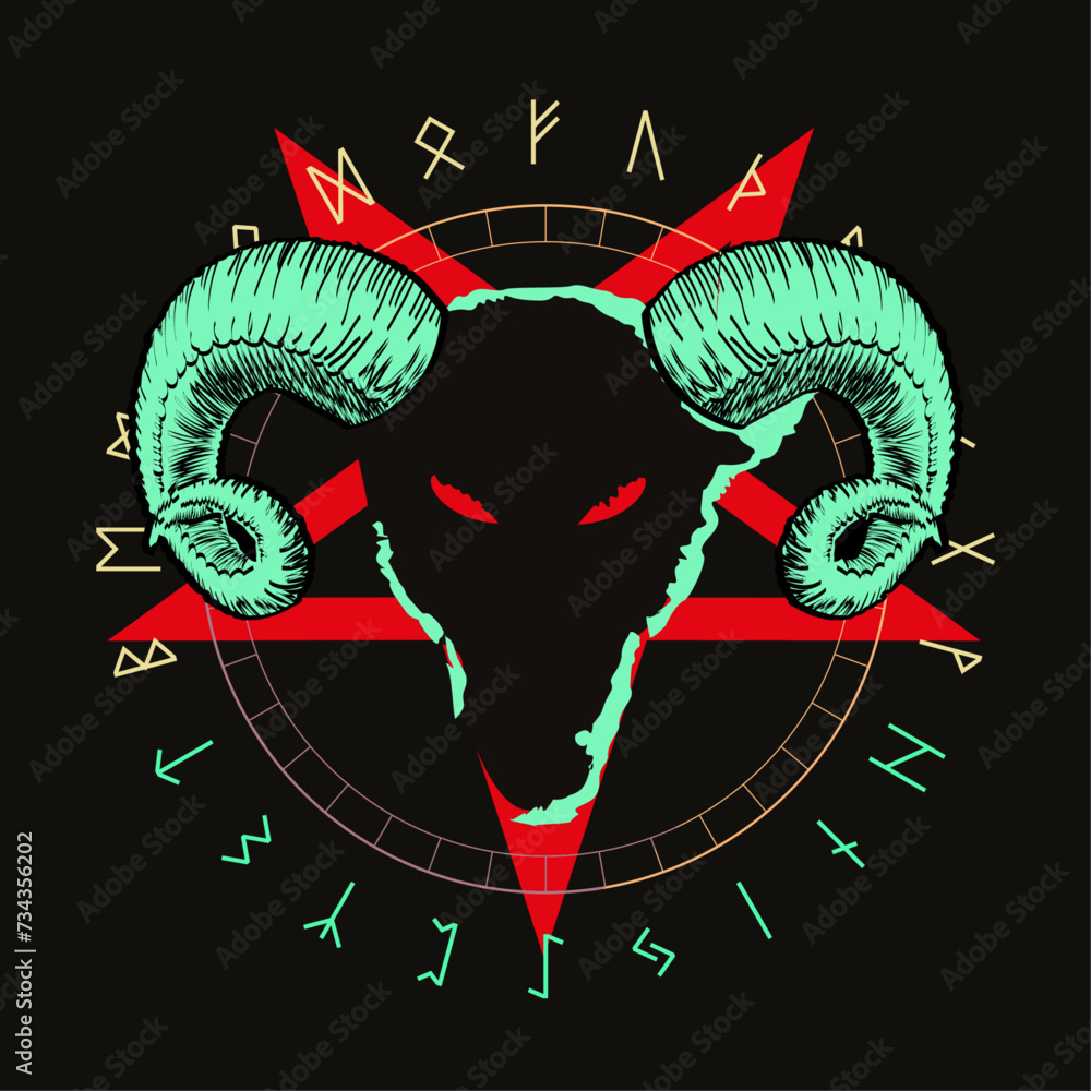 T-shirt design of a goat head along with a demonic red star and an ...