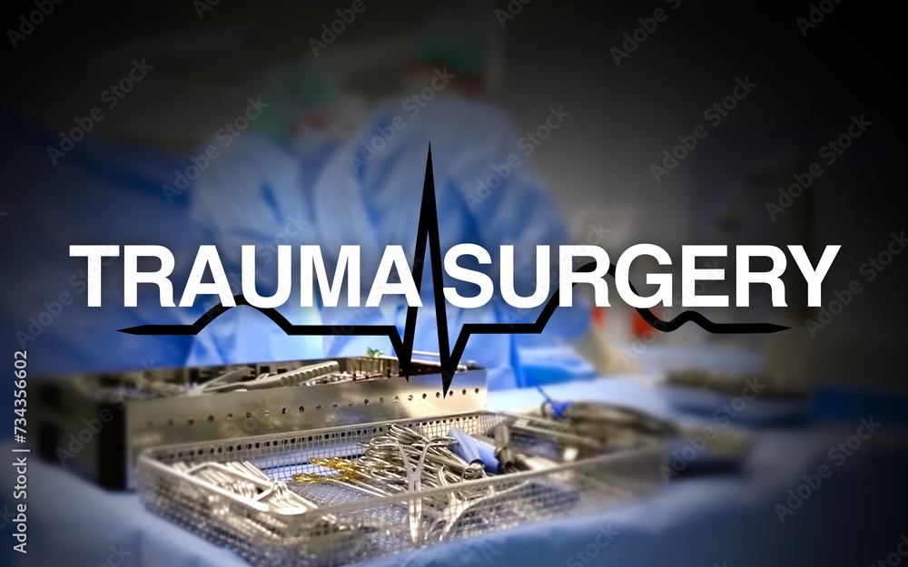 Trauma Surgery lettering, in the background the heart rate and an ...
