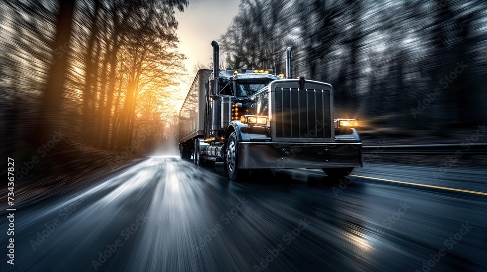 Truck Transportation logistics, this black freight truck on a fast city ...