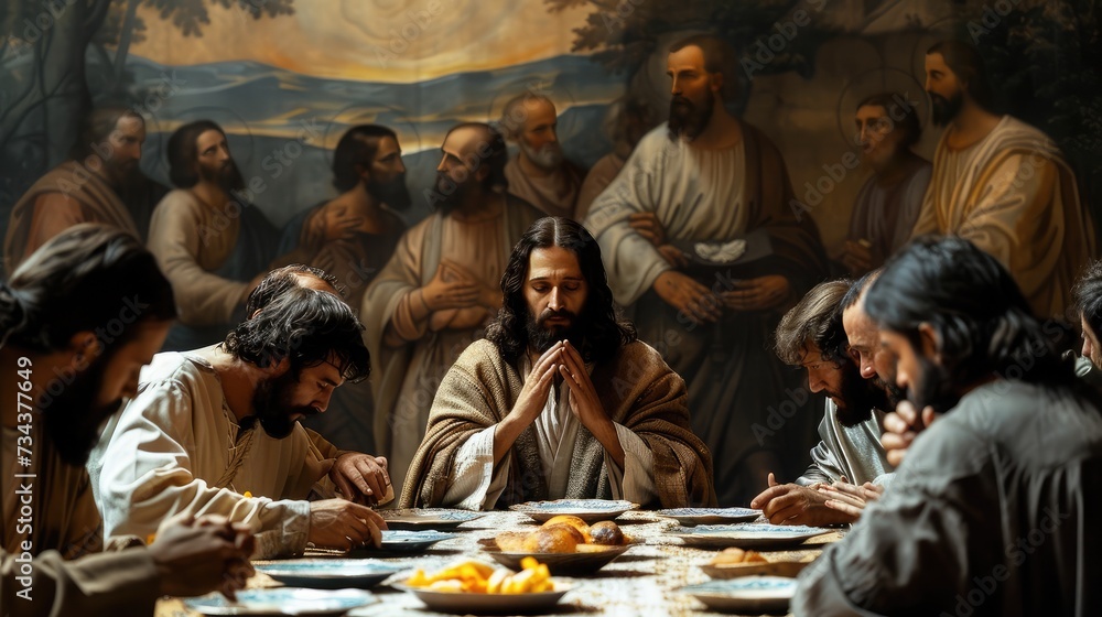 Scene, of Jesus Christ praying during the last supper with his apostles ...
