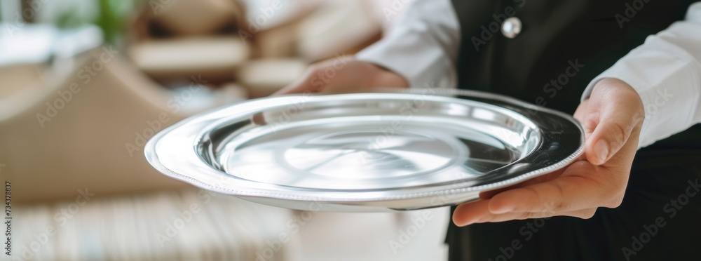 Waiter tray butler hand serve hold plate isolated white man silver ...