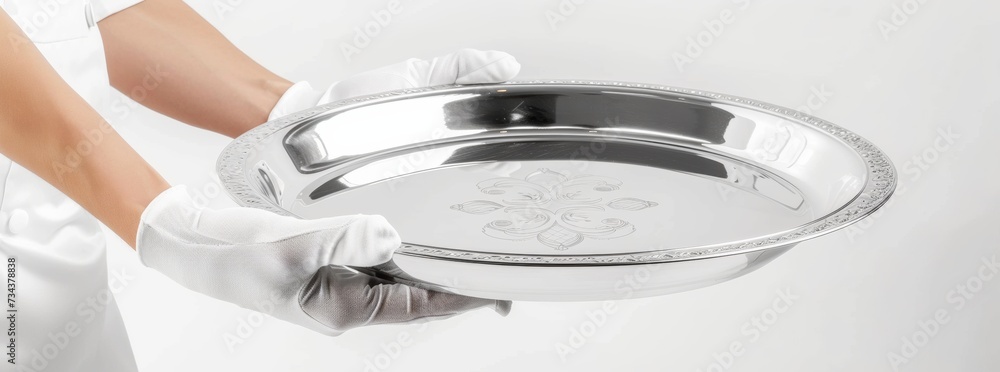 Waiter tray butler hand serve hold plate isolated white man silver ...