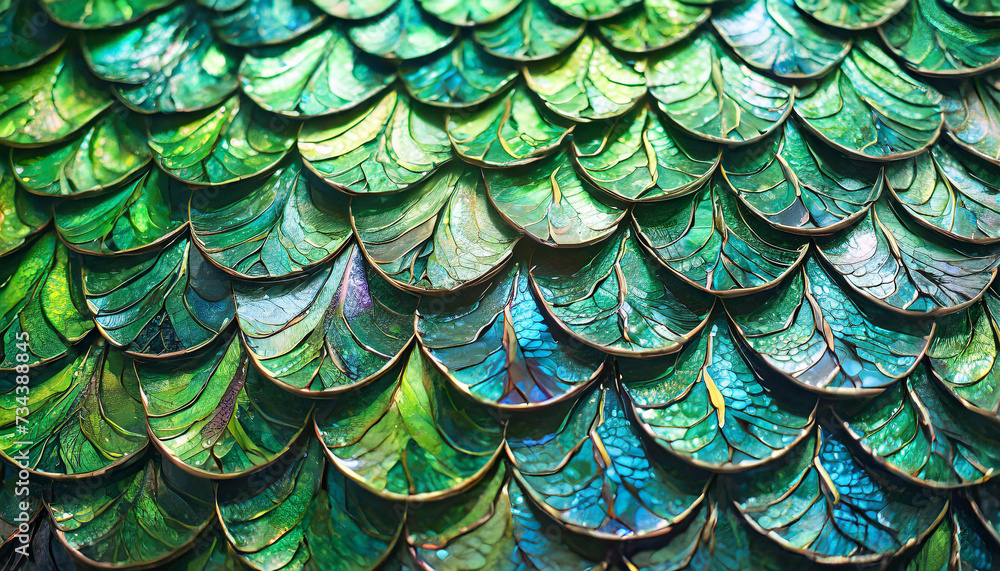 metallic green-blue dragon scales glistening in forest light, evoking ...