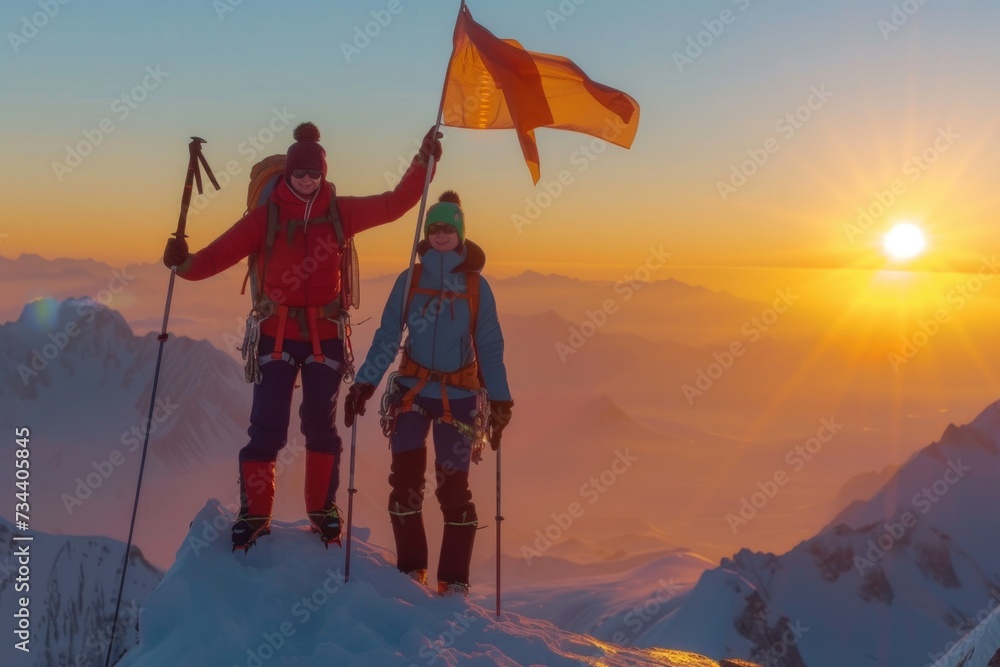 Two young mountain climbers raised their hands. Plant the flag on the ...