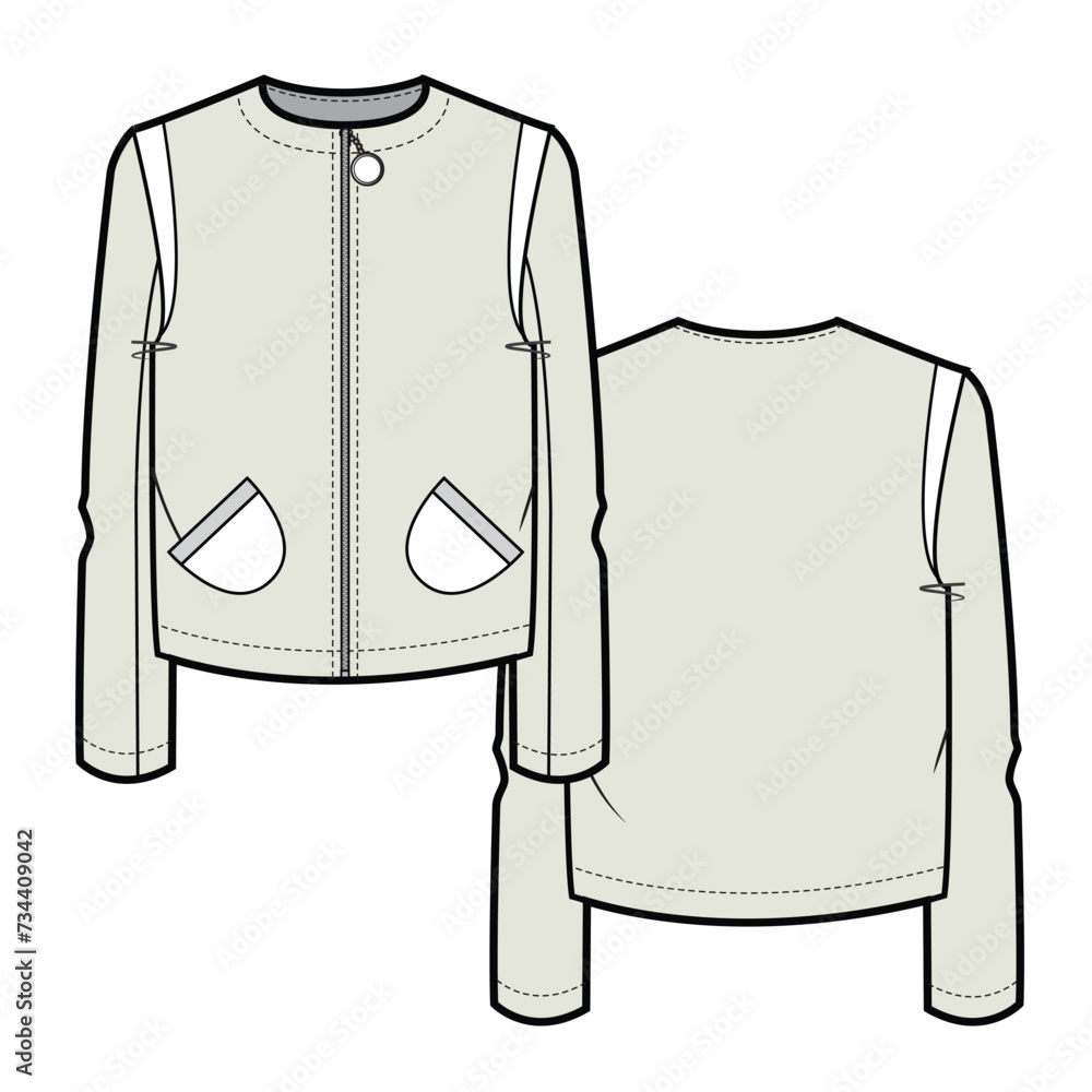 Collarless moto biker jacket front and back view flat sketch vector ...