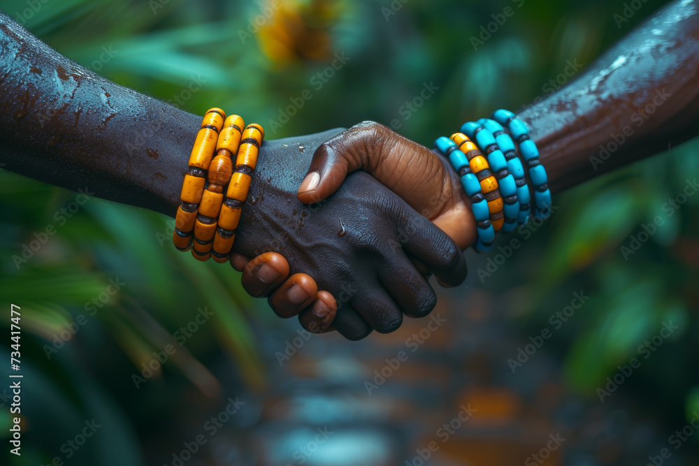 Two hands of different ethnicities shaking hands, representing ...