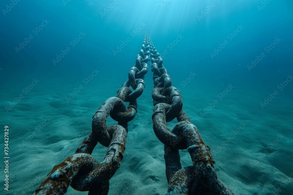 A glimmering metal chain lays submerged in the crystal clear waters, a ...