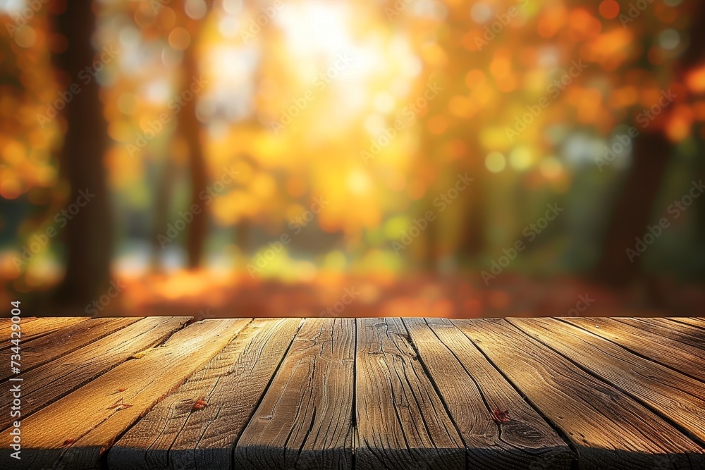 Amidst the autumnal forest, a rustic wooden table stands surrounded by ...