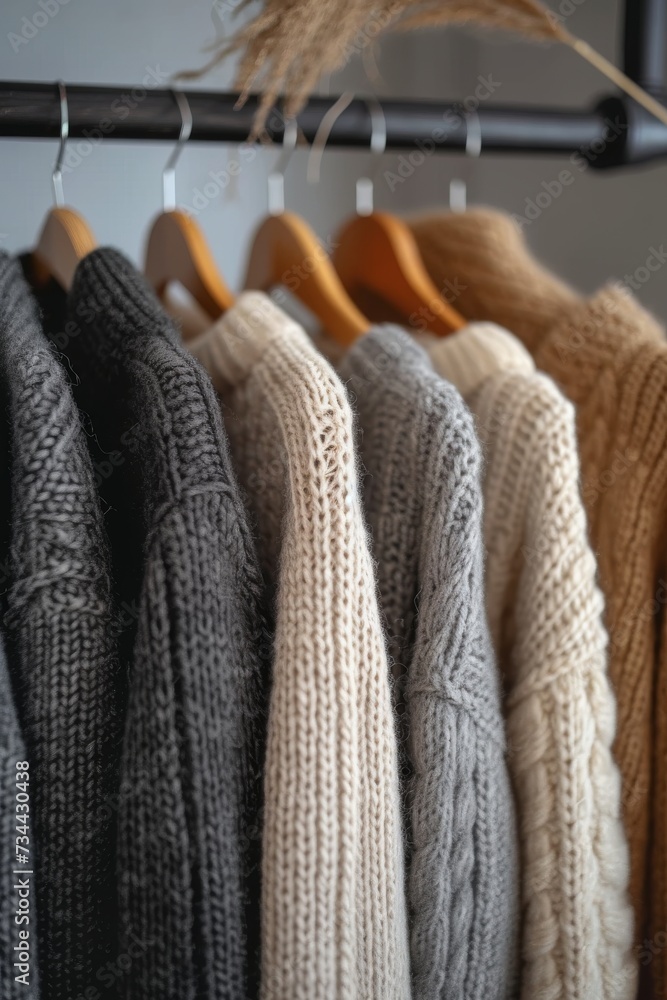 A colorful group of sweaters hang on a clothes hanger in an indoor ...