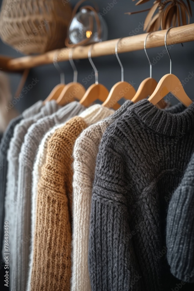 A colorful array of cozy sweaters hang on a textile hanger, creating a ...