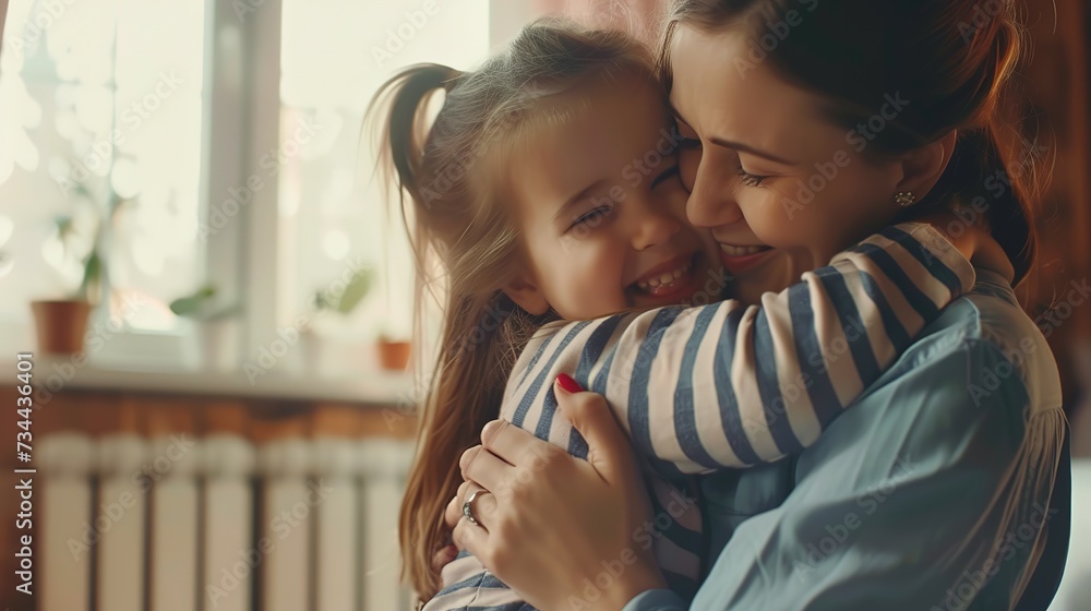 Cute little preschooler daughter hug cuddle with smiling young mother ...