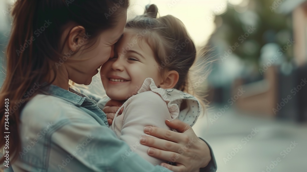 Cute little preschooler daughter hug cuddle with smiling young mother ...