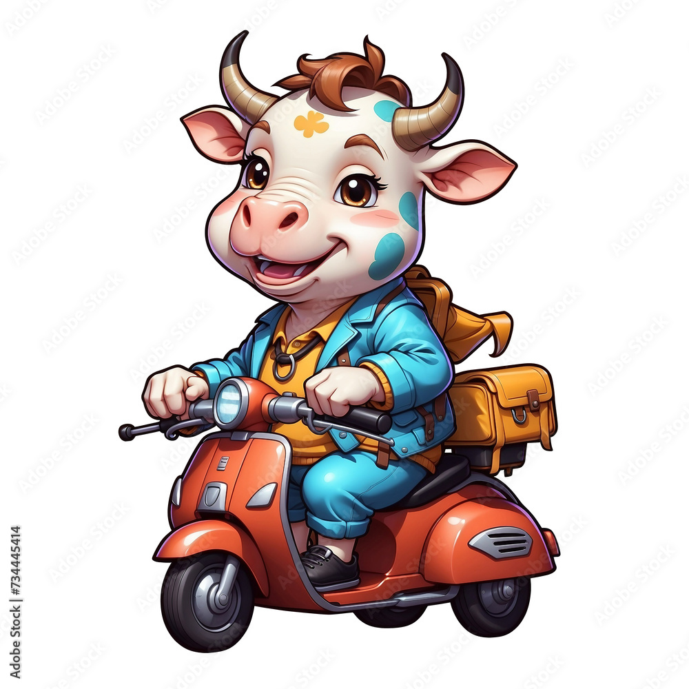 cartoon cow riding a vespa motorbike Stock Photo | Adobe Stock