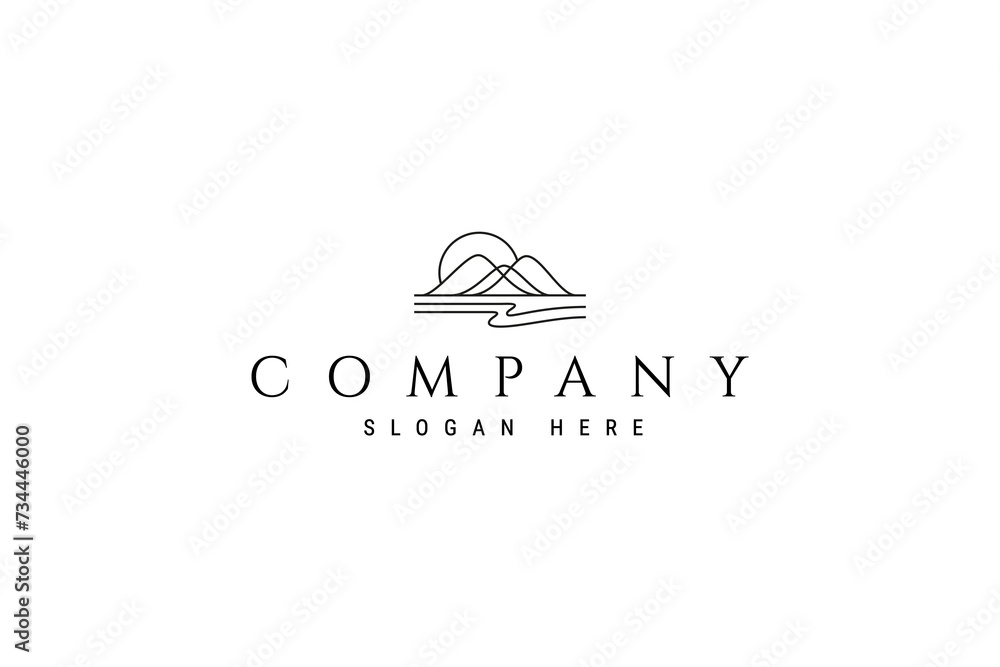 vector logo design monoline line art illustration of mountain with lake ...