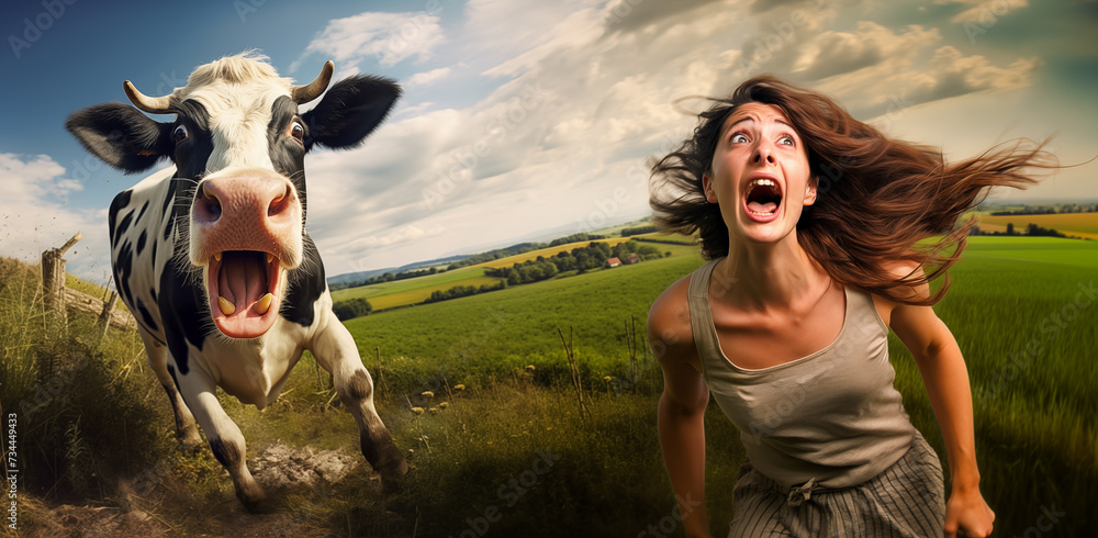 Crazy cow in green field. Black and white Holstein cow running after ...