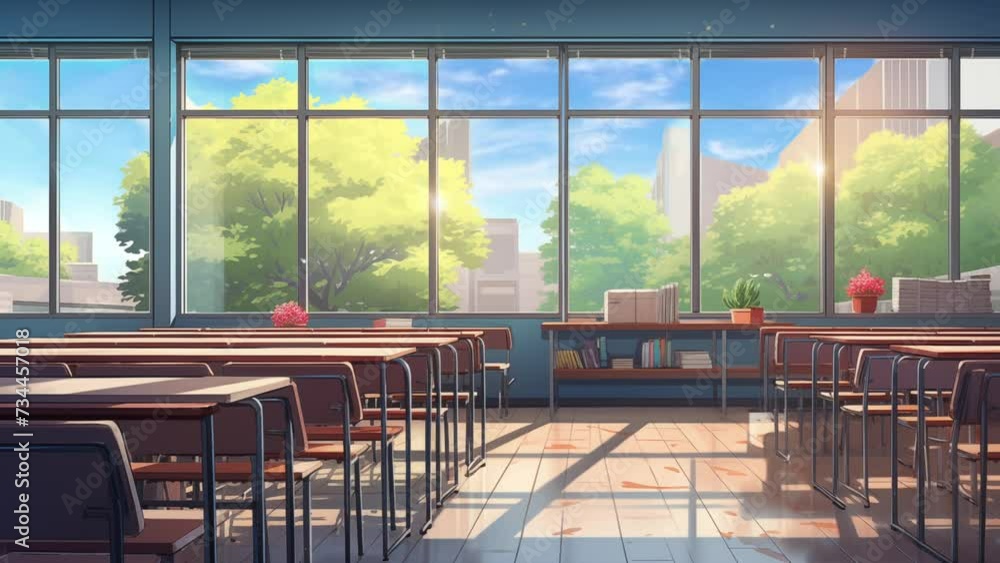 Animated illustration of a classroom with chairs and school desks in ...