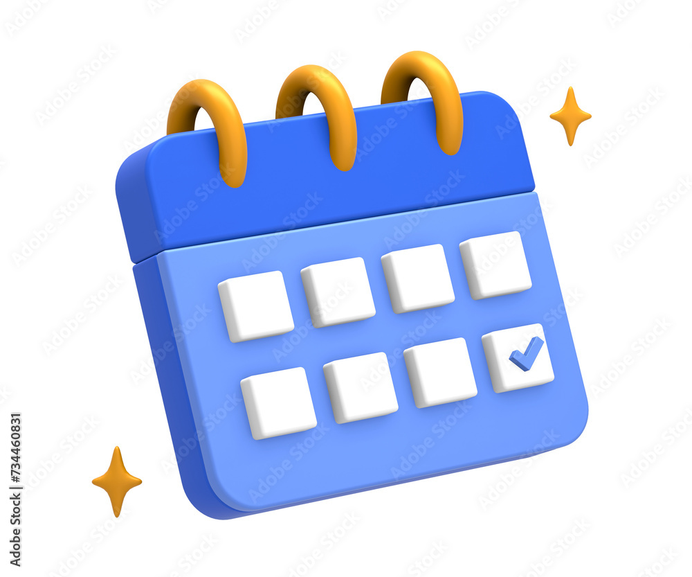 3D rendering of blue yellow simple calendar schedule date and time side ...