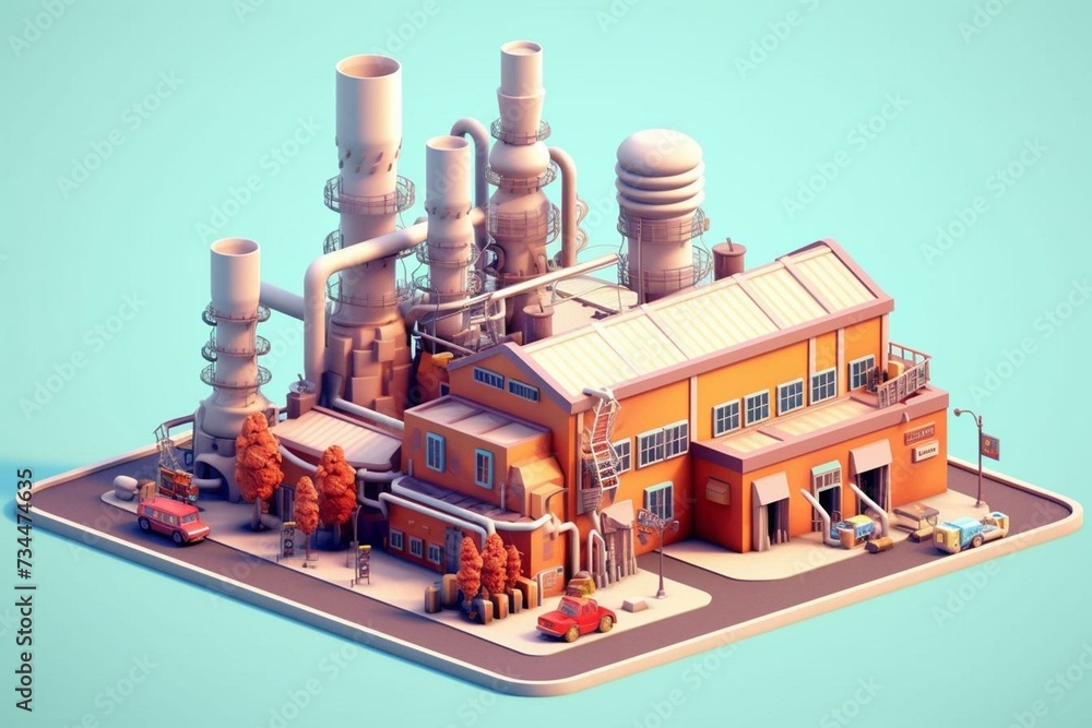 Isometric view of factory building with exposed mechanical and piping ...