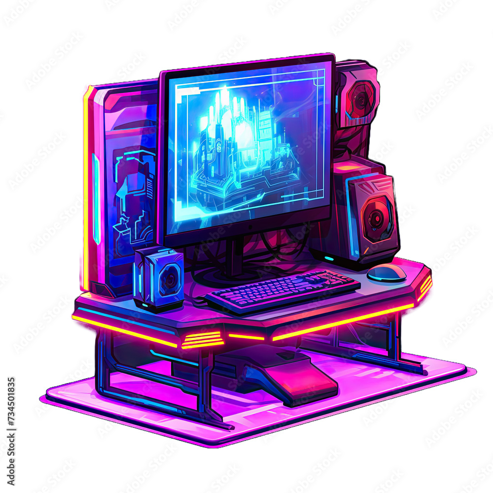 Gaming PC in a gaming desk. The pictures shows a complete futiristic ...