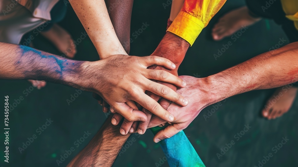 People of all colors holding hands, inclusive business mindset values ...