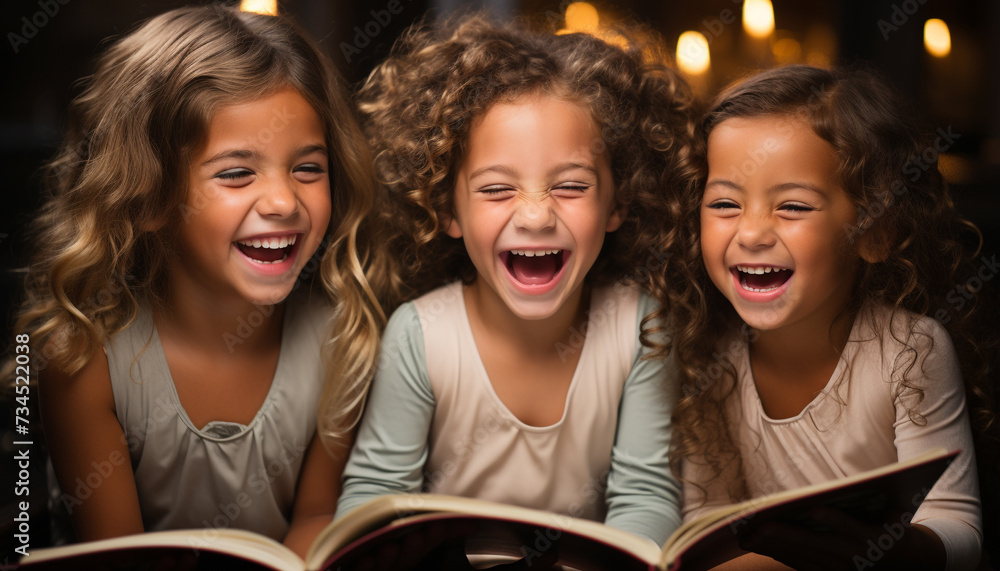 Smiling children reading, learning, bonding happiness in education ...