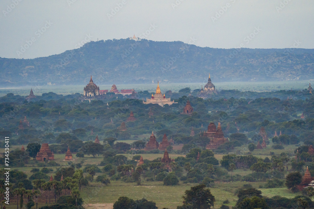 Aerial top view of burmese temples of Bagan City from a balloon, unesco ...