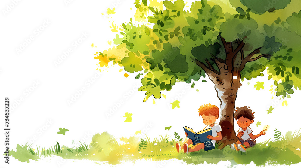 Cartoon illustration of children studying under a tree. evidence of ...