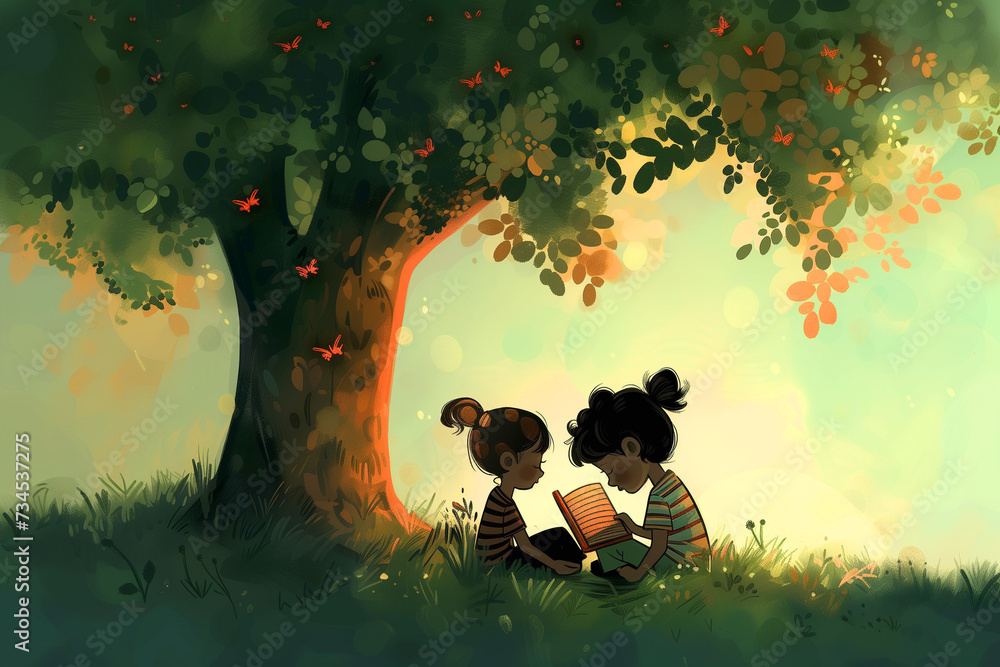 Cartoon illustration of children studying under a tree. evidence of ...