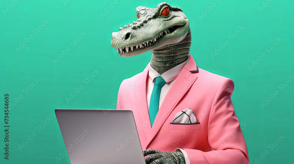 Crocodile alligator in suit using a laptop while working on bright ...
